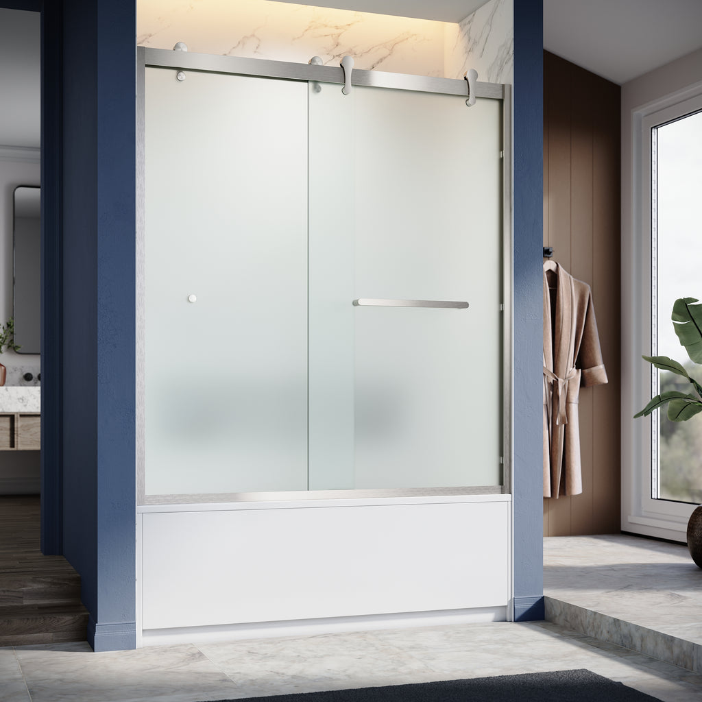 UKD08- 56-60 in. W x 66 in. H Double 1T1F Sliding Semi-Frameless Batht ...